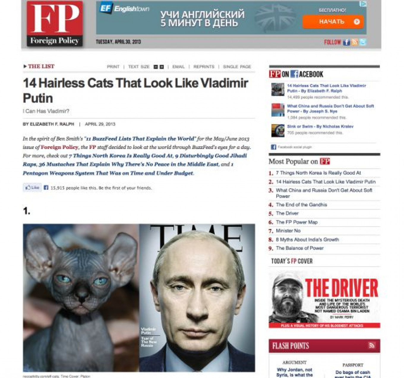 U.S. Journal Compares Putin With Hairless Cats